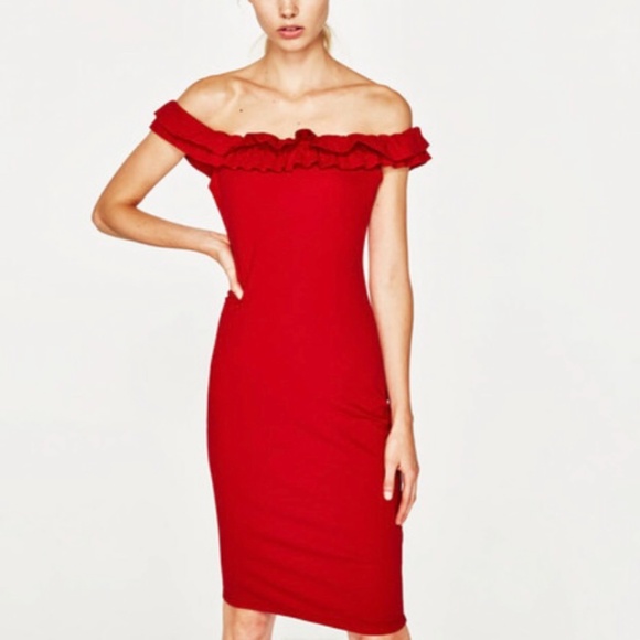 Zara | Dresses | Nwt Zara Off The Shoulder Ruffle Bodycon Fitted ...